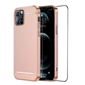 crosymx slim fit compatible with iphone 12 pro max case with [1 x screen protector], ultra thin hard plastic protective cover shockproof drop protection 5g case(6.7 inch) 2020 - rose gold