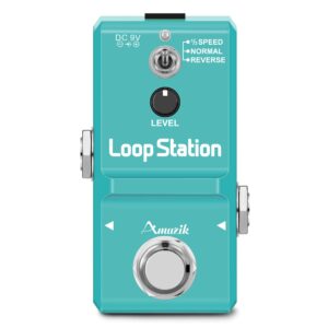 amuzik looper guitar pedal for electric guitar loop station pedal unlimited overdubs 10 minutes of looping, 1/2 time, and reverse, built-in sd card for memory with 3 modes mini size