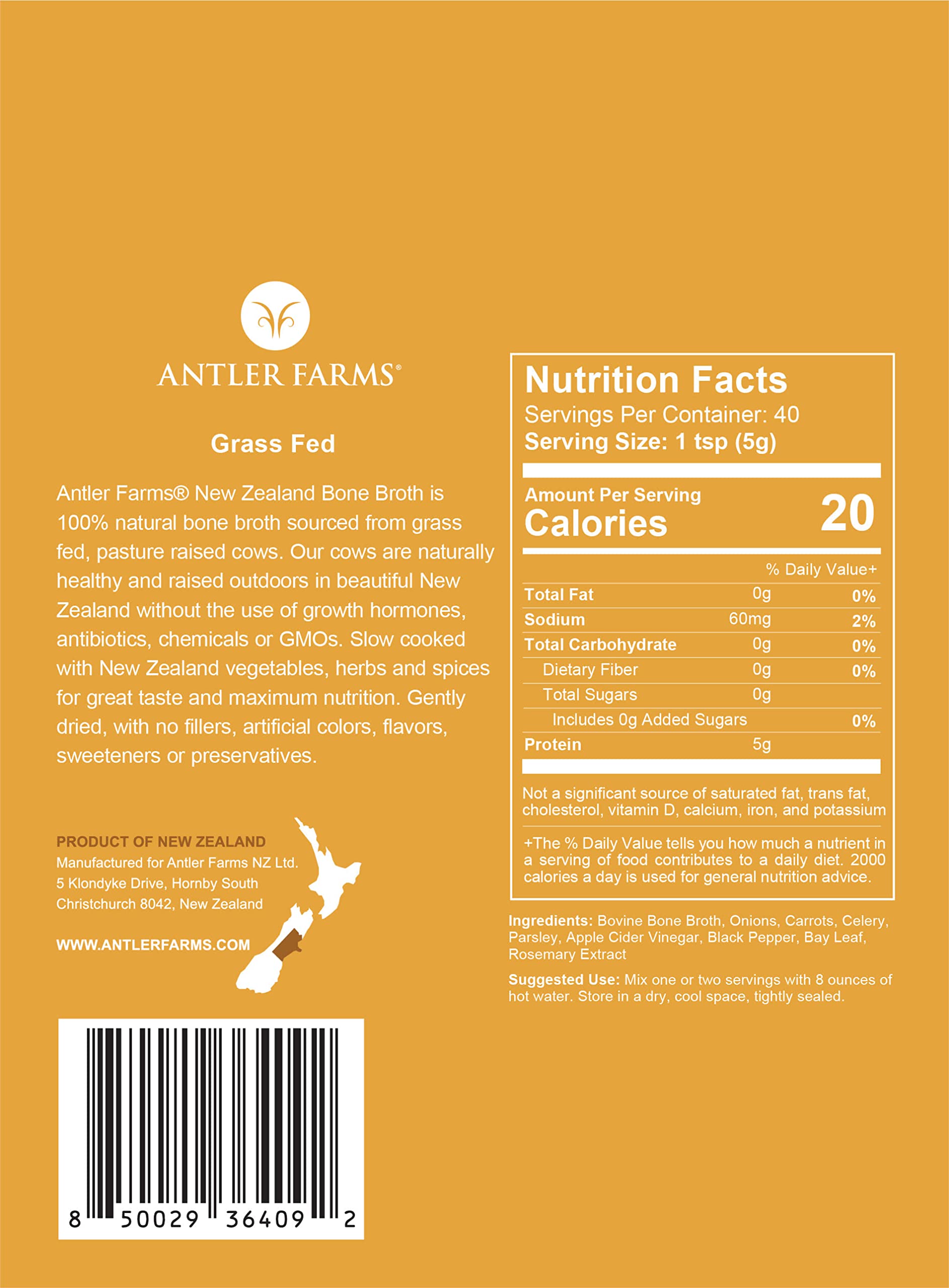 Antler Farms - 100% Grass Fed New Zealand Bone Broth Powder, 40 servings, 200g - Slow Cooked, Gently Dried, Light Flavor, No Hormones, No Antibiotics, No GMOs