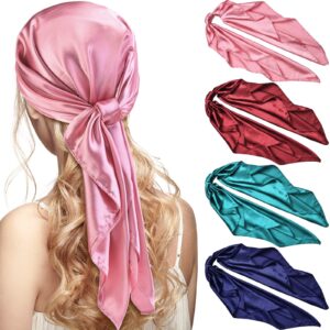 syhood 4 pcs 35 inch satin large bandana satin head scarves head scarf for women's hair square scarf(navy blue, wine red, skin pink, blue)