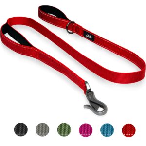 twoear 5ft 1in strong red dog leash with 2 padded handles, traffic handle extra control, comfortable soft dual handle, auto lock hook, reflective walking lead for small medium and large dogs