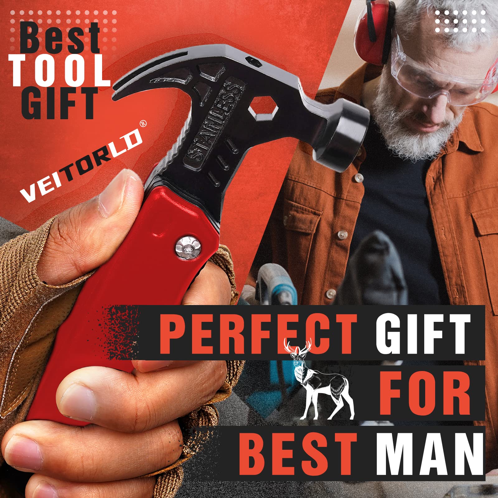 VEITORLD Gifts for Men Women, Anniversary Birthday Gifts Ideas for Dad Grandpa Him Husband, All in One Tools Hammer Multitool, Camping Accessories Survival Gear, Unique Fishing Hunting Tools Gifts