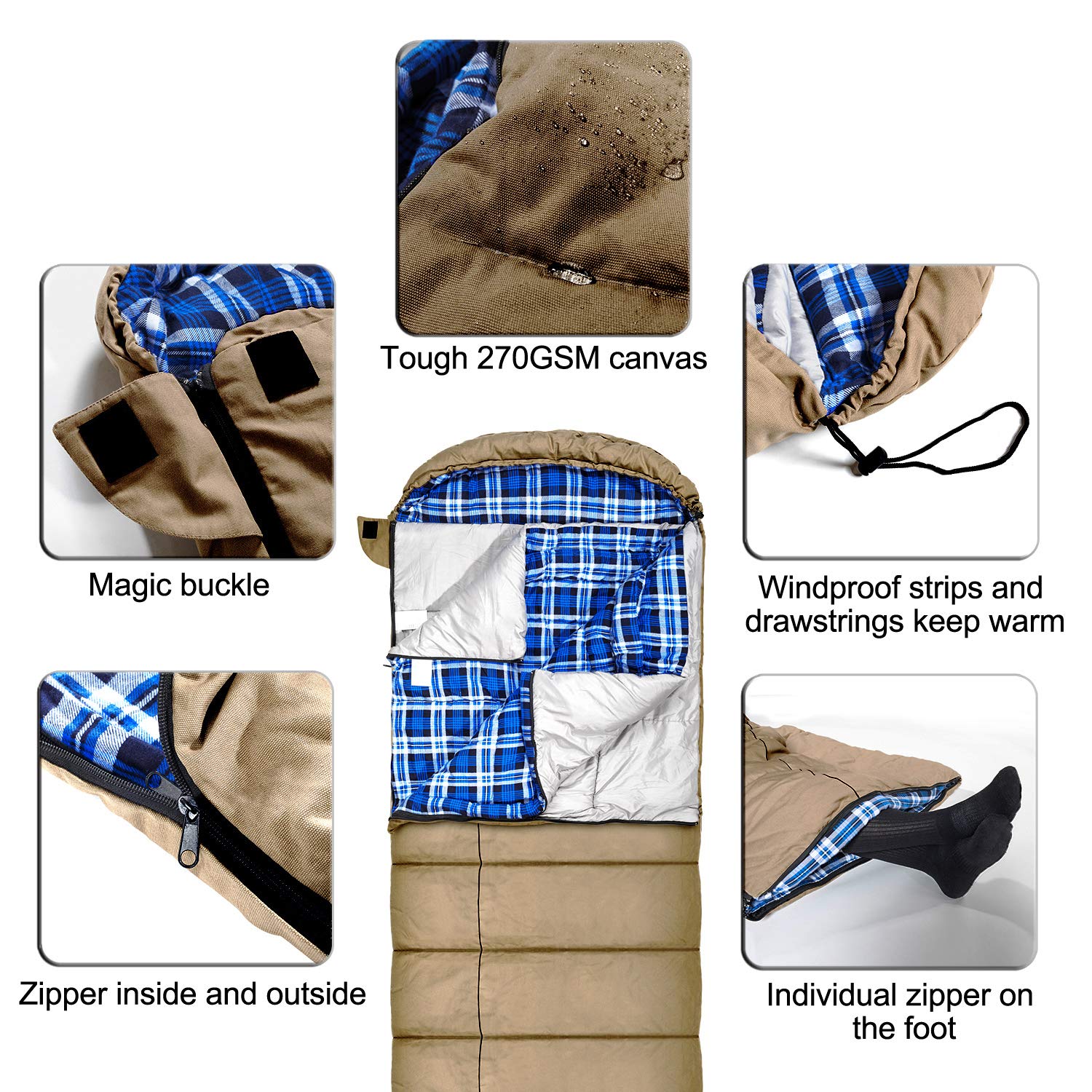 0 Degree Canvas Sleeping Bag for Fishing, Hunting, Traveling and Camping Particularly in Cold Winter Outdoor with Removable Flannel Liner and Free Compression Sack for Big and Tall Adults