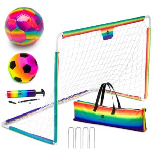 morvat kids metal poles soccer goal set portable lightweight training equipment backyard & indoors premium 48”x30” net + 2 size soccer balls + ball pump + storage bag – color: rainbow