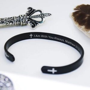 RENYILIN Black stainless steel religion quotes faith in Christian Bible verses inspiring cuff bracelets (I Am With You Always. Matthew 28:20)