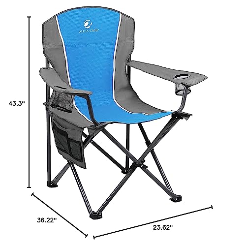 ALPHA CAMP Oversized Outdoors Folding Camping Chair Heavy Duty Padded Arm Chair with Cup Holder and Storage Bag, 350 LBS Weight Capacity (Blue Grey)