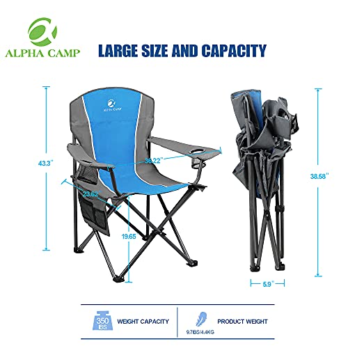 ALPHA CAMP Oversized Outdoors Folding Camping Chair Heavy Duty Padded Arm Chair with Cup Holder and Storage Bag, 350 LBS Weight Capacity (Blue Grey)