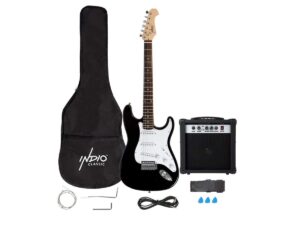 monoprice indo series 6 string electric guitar package, right, black (625904)