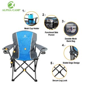 ALPHA CAMP Oversized Outdoors Folding Camping Chair Heavy Duty Padded Arm Chair with Cup Holder and Storage Bag, 350 LBS Weight Capacity (Blue Grey)