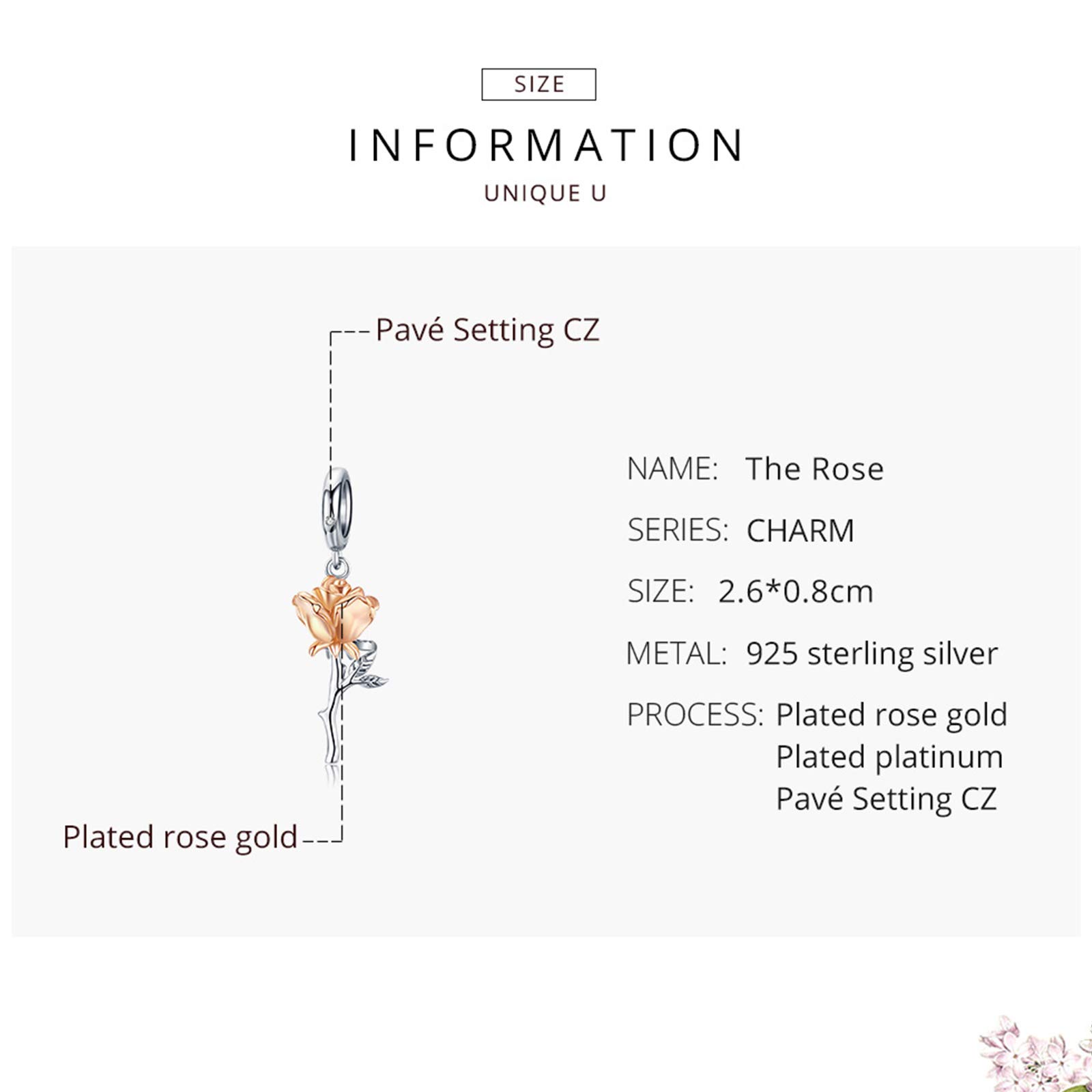 Presentski Rose Flower Pendant Charm Sterling Silver - Rose Gold Flower Pendants for Bracelet Necklace Jewelry Gifts for Women