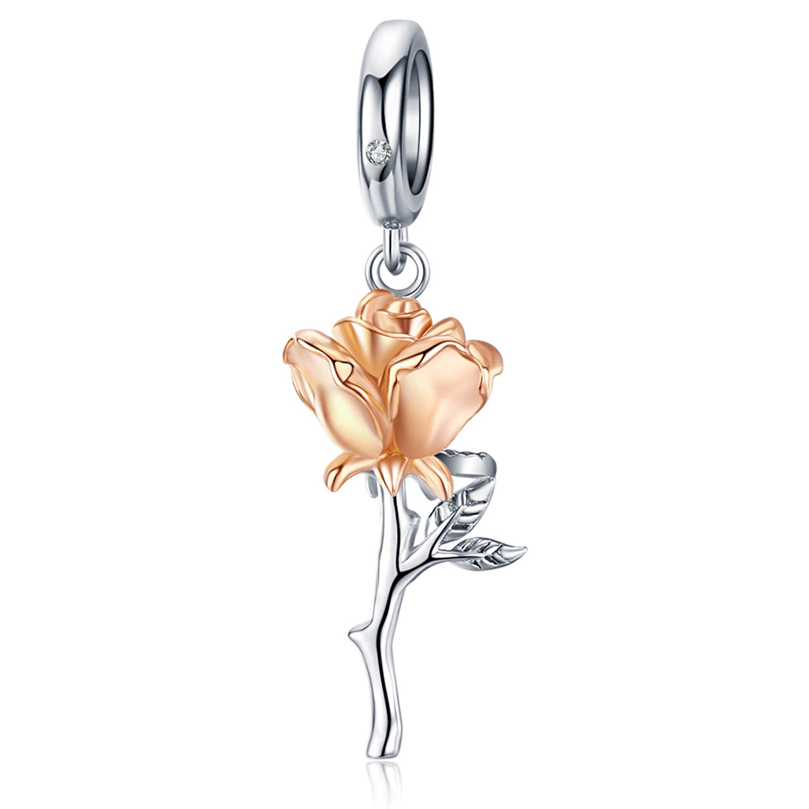 Presentski Rose Flower Pendant Charm Sterling Silver - Rose Gold Flower Pendants for Bracelet Necklace Jewelry Gifts for Women