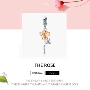 Presentski Rose Flower Pendant Charm Sterling Silver - Rose Gold Flower Pendants for Bracelet Necklace Jewelry Gifts for Women