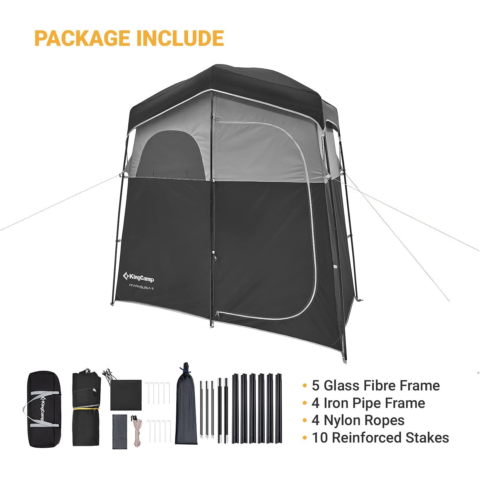 KingCamp 2 Room Shower/Toilet Tent Oversize Space Privacy Changing Room Outdoor Bathroom for Camping with Shower Bag Shelters Portable Stall Black