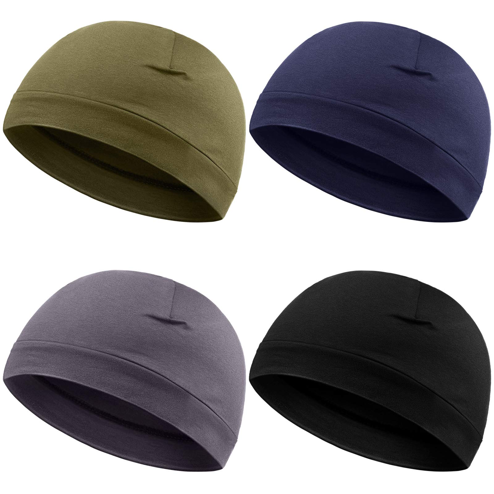 4 Pieces Men Skull Caps Soft Cotton Beanie Hats Stretchy Helmet Liner Multifunctional Headwear for Men Women (Black, Gray, Army Green, Navy Blue,Solid Style)