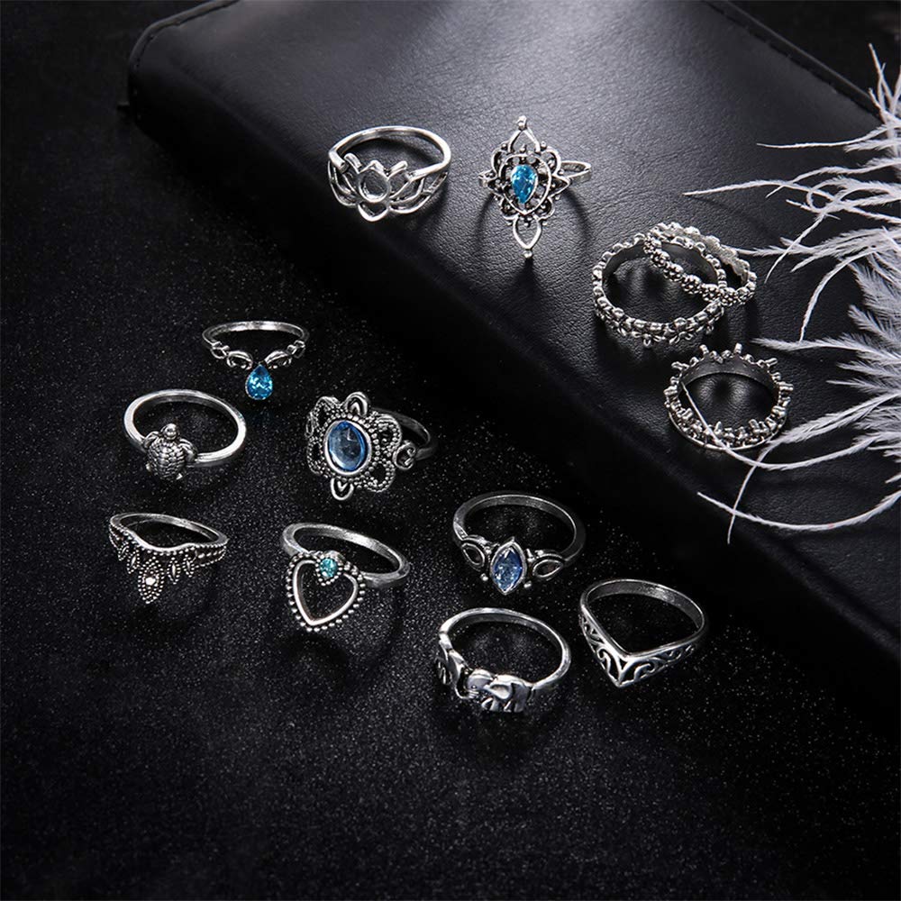 Aimimier 13 Pcs Bohemian Stackable Joint Knuckle Ring Set Vintage Blue Crystal Carved Finger Ring Crown Midi Ring Pack for Women