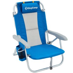 kingcamp elastic 3 aluminium backpacking, reclining low profile sitting beach chair with headrest,straps,cup holder for outdoor picnic concert travel festival, one size, adjustable back-1 pack