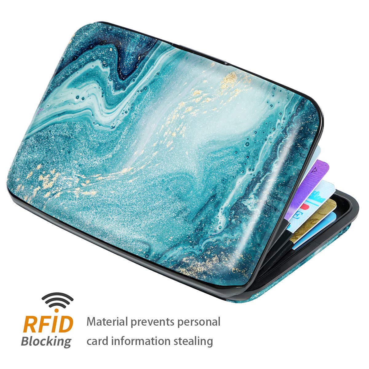 Coco Rossi Mini Credit Card Holder for Women,RFID Blocking Slim Hard Card Case ID Case Travel Wallet,Teal Marble