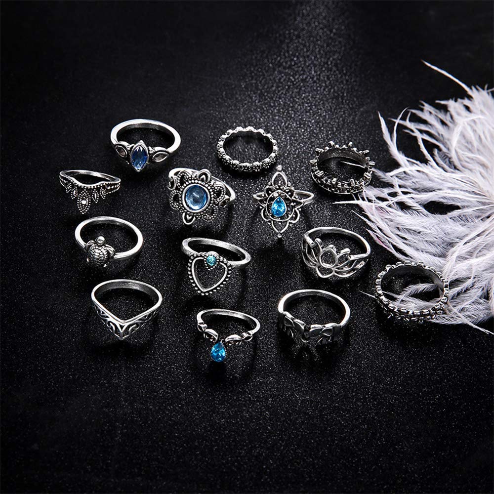 Aimimier 13 Pcs Bohemian Stackable Joint Knuckle Ring Set Vintage Blue Crystal Carved Finger Ring Crown Midi Ring Pack for Women