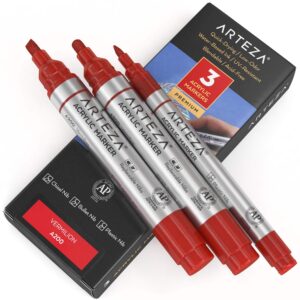 arteza acrylic paint markers, pack of 3, a200 vermilion, 1 thin and 2 thick (chisel + bullet nib) acrylic paint pens, for metal, canvas, rock, ceramic surfaces, glass, wood, and fabric