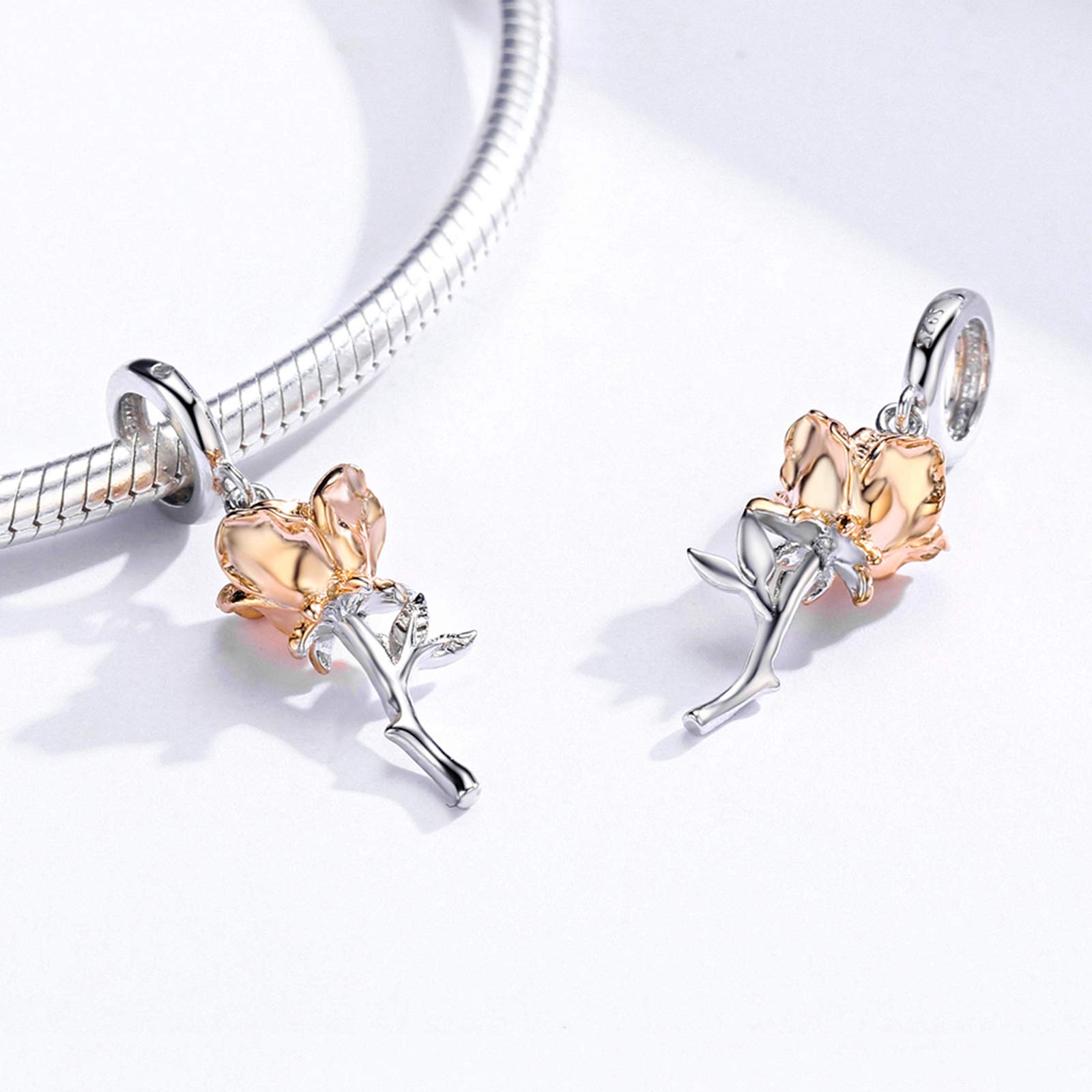 Presentski Rose Flower Pendant Charm Sterling Silver - Rose Gold Flower Pendants for Bracelet Necklace Jewelry Gifts for Women