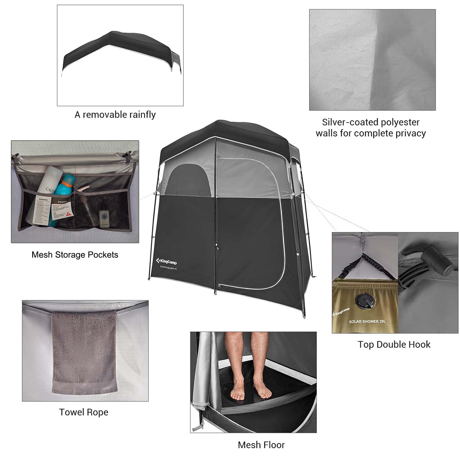 KingCamp 2 Room Shower/Toilet Tent Oversize Space Privacy Changing Room Outdoor Bathroom for Camping with Shower Bag Shelters Portable Stall Black