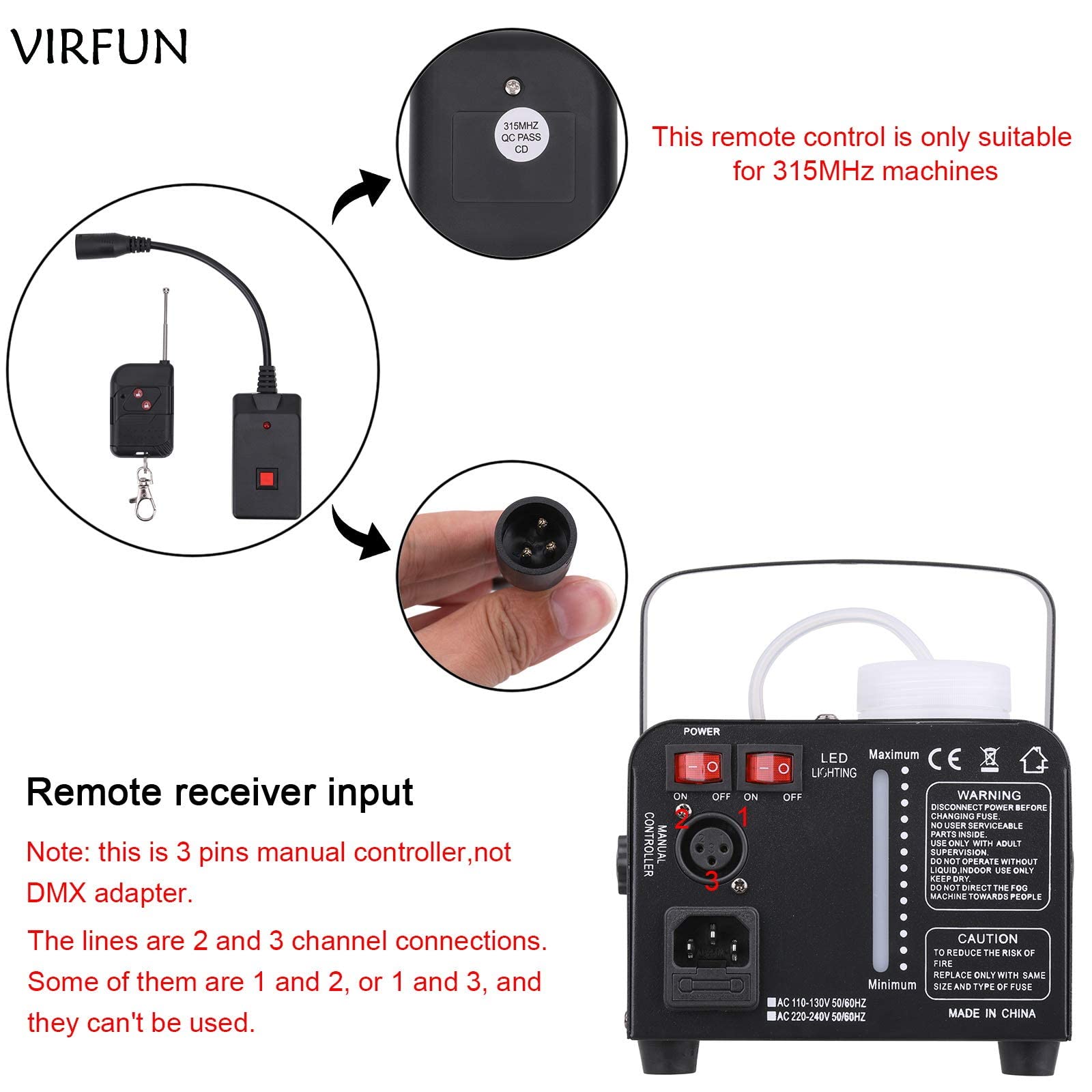 VIRFUN Fog Machine Remote Control Replacement Part and Receiver, Lights Remote Control Parts for 400 500W Smoke Machine, 3 Pins Round Plug, 2 and 3 Channel Connections