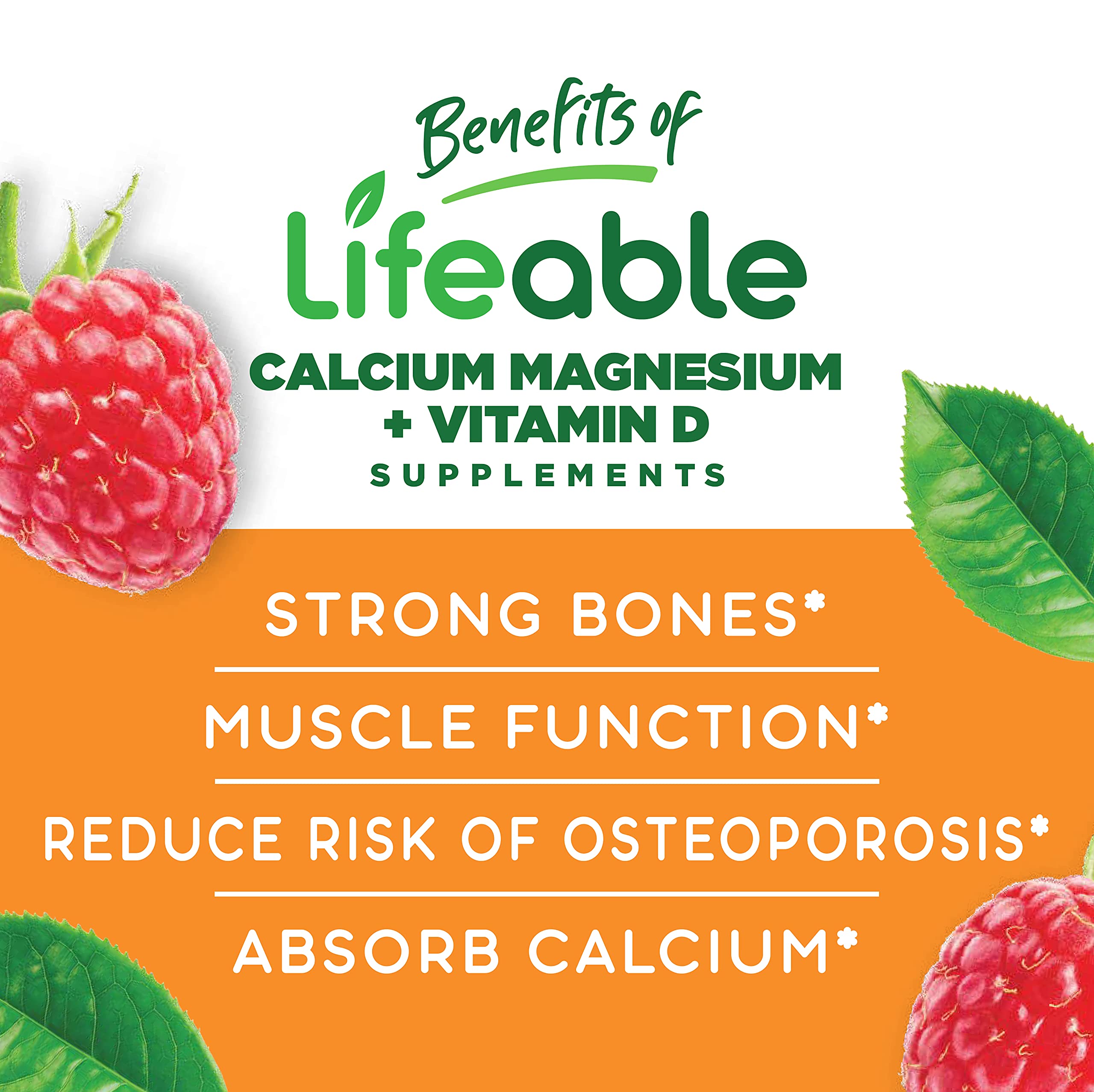 Lifeable Calcium Magnesium and Vitamin D Gummies - Great Tasting Natural Flavor Vitamin Supplements - Gluten Free GMO Free Chewable - for Bone Health - for Adults, Man, Women - 90 Gummies