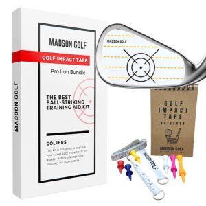 madson golf club impact tape labels, swing trainer bundle with training aids face stickers, variable height tees, setup measuring tape and practice journal (right-hand golfer)