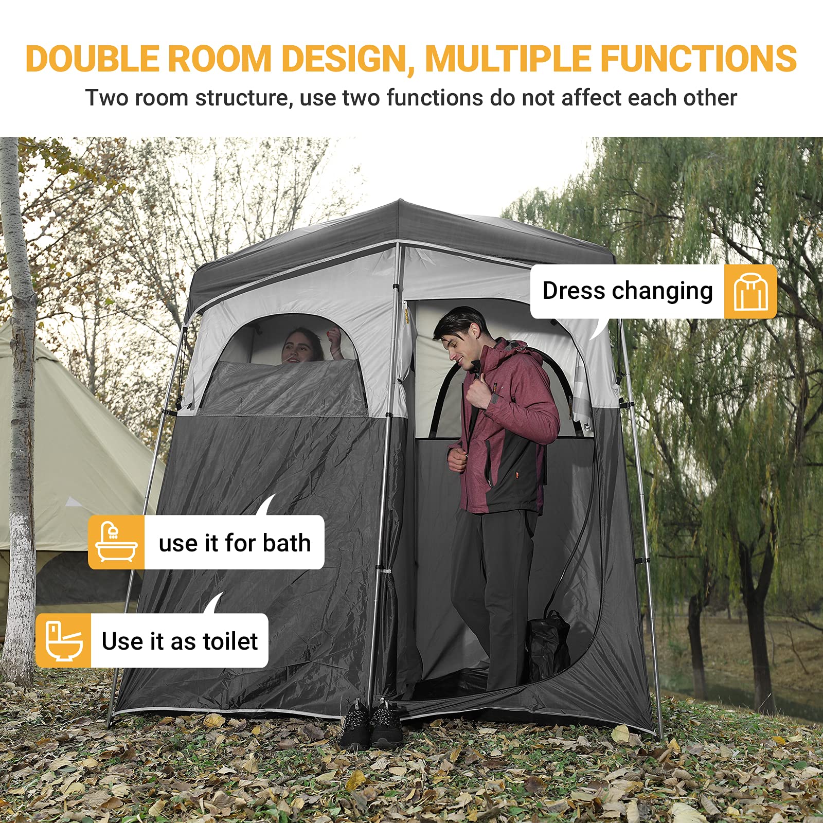 KingCamp 2 Room Shower/Toilet Tent Oversize Space Privacy Changing Room Outdoor Bathroom for Camping with Shower Bag Shelters Portable Stall Black