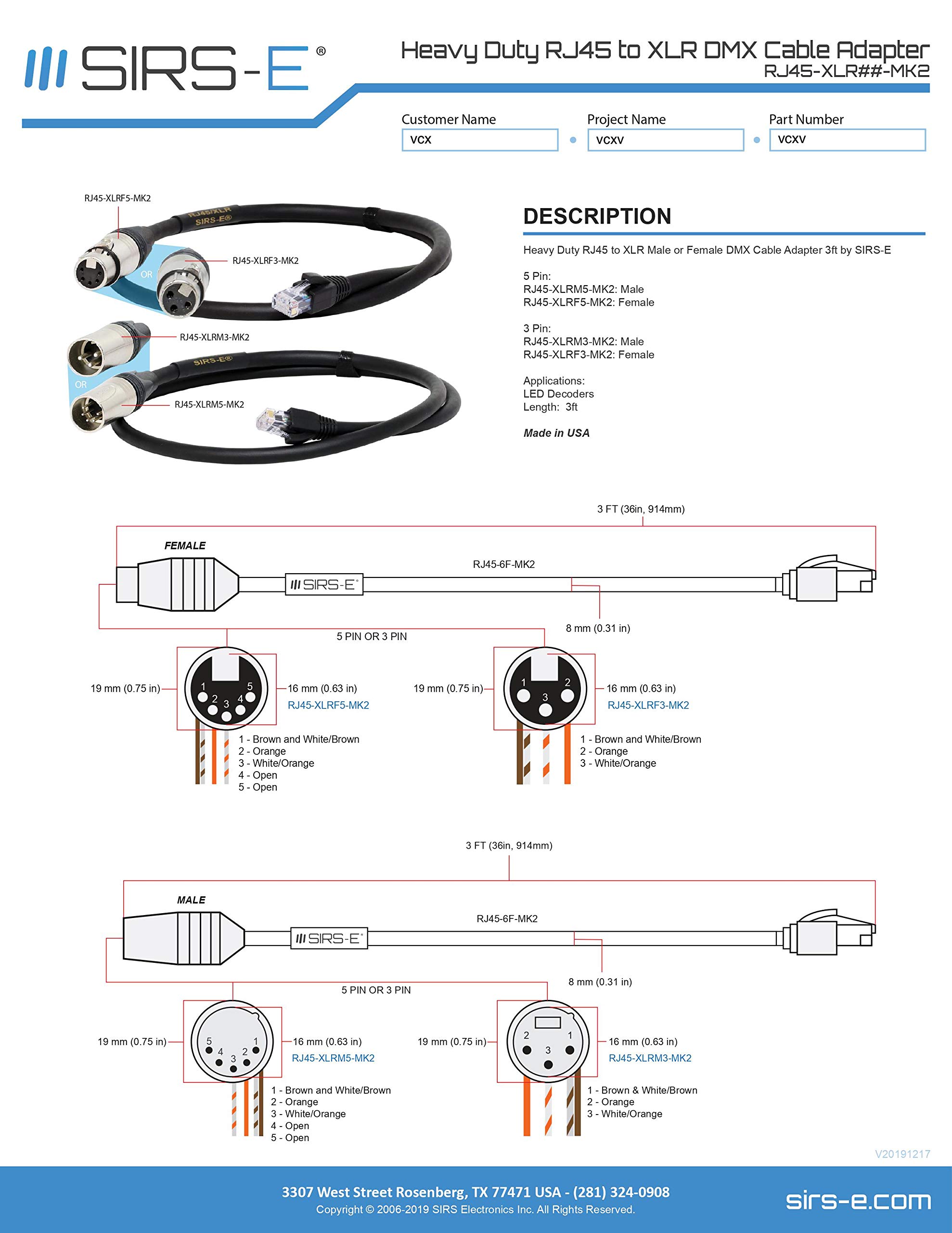 SIRS-E Heavy Duty DMX XLR 3 Pin Male to RJ45 Male 3Ft Cable Adapter for LED Lighting DMX512 Decoders