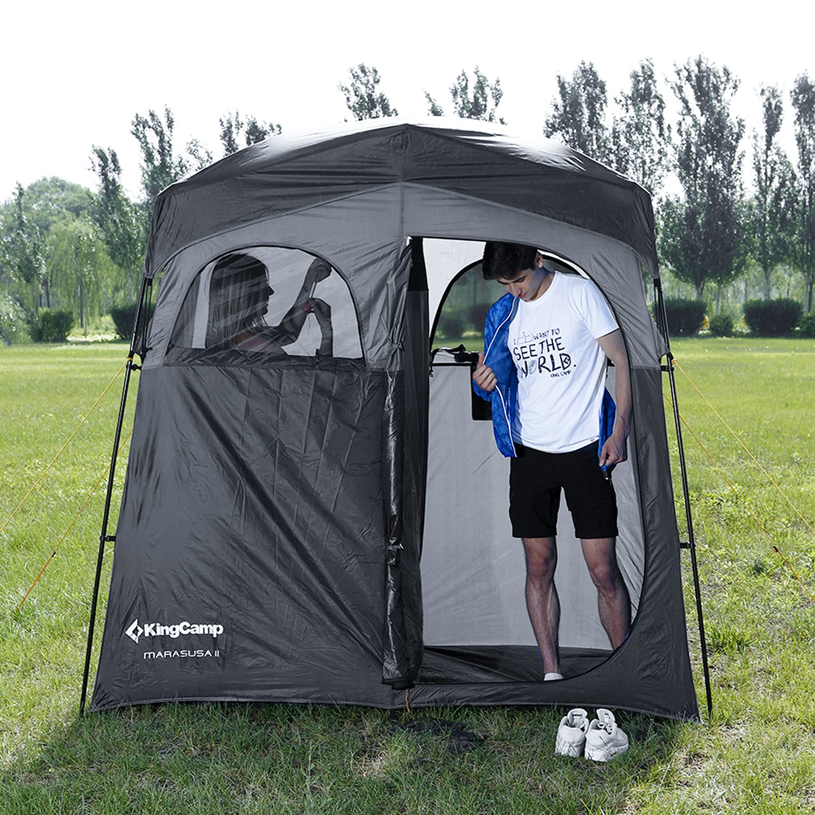 KingCamp 2 Room Shower/Toilet Tent Oversize Space Privacy Changing Room Outdoor Bathroom for Camping with Shower Bag Shelters Portable Stall Black