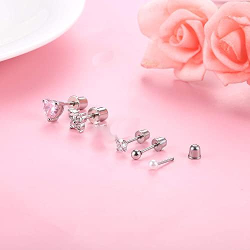 Udalyn 6 Pairs Hypoallergenic Screwback Earrings Tiny Pearl Ball Heart Butterfly Flower CZ Stud Earrings Set Stainless Steel Stud Earrings for Women 18G-20G