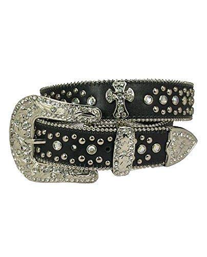 NYFASHION101 Cross Charm Rhinestone Stud Genuine Leather Belt (Small/Medium, Black)