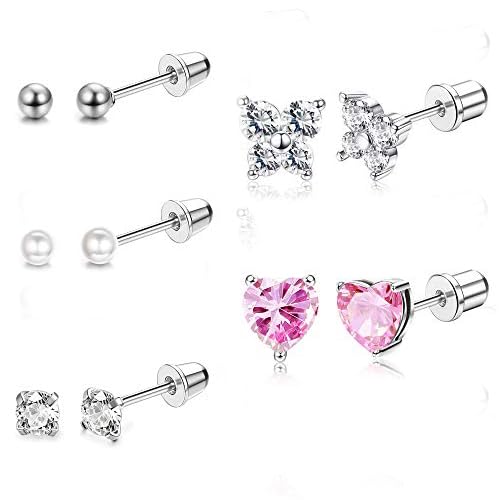 Udalyn 6 Pairs Hypoallergenic Screwback Earrings Tiny Pearl Ball Heart Butterfly Flower CZ Stud Earrings Set Stainless Steel Stud Earrings for Women 18G-20G