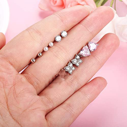 Udalyn 6 Pairs Hypoallergenic Screwback Earrings Tiny Pearl Ball Heart Butterfly Flower CZ Stud Earrings Set Stainless Steel Stud Earrings for Women 18G-20G