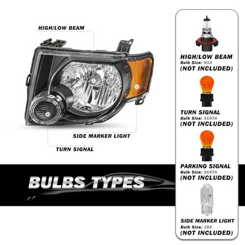 SOCKIR Headlight Assembly Compatible with 2008-2012 Ford Escape Passenger & Driver Side (Black Housing with Amber Reflector)