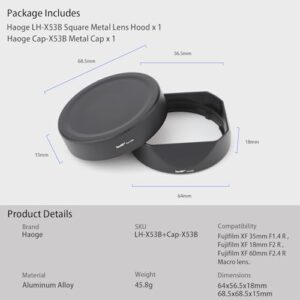 Haoge LH-X53B Square Metal Lens Hood Shade with Metal Cap for Fujifilm Fuji Fujinon XF 35mm F1.4 R / XF35mmF1.4 R Lens on Camera X-H1 XS-10 X-Pro3 X-T4 X-T3 X-T2 X-T30 X-T20