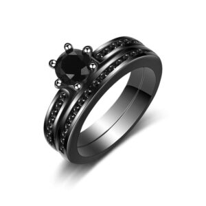 womens black wedding rings set round cz stone vintage 2pcs engagement ring bridal set channel-setting (size 7)