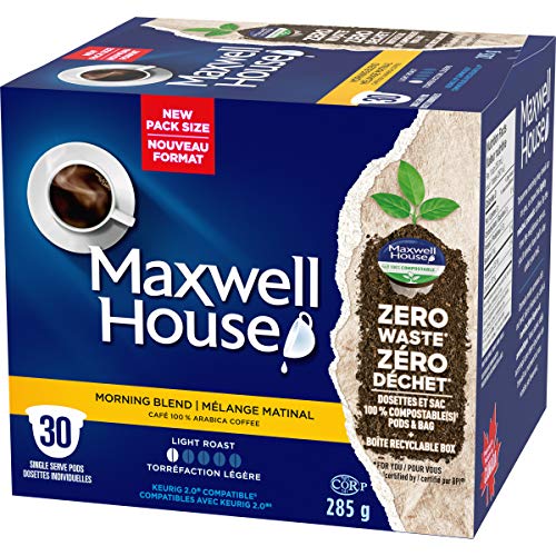 Maxwell House Morning Blend Coffee 100% Compostable Pods, 30 Pods, (Imported from Canada)