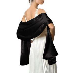 mlmw satin shawl wraps for evening dresses for women extra long for wedding, bridal party (black)