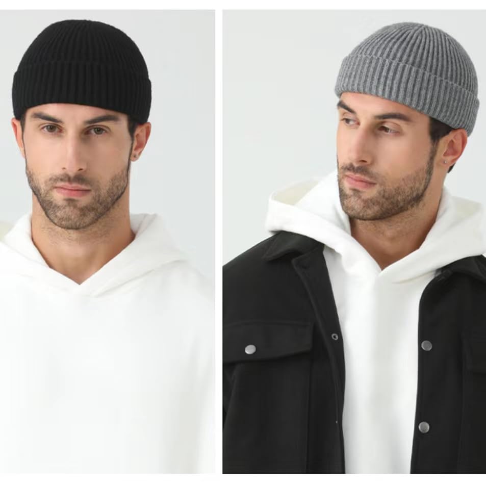 3 Pack Wool Fisherman Beanies for Men, Short Knit Watch Cap Cuffed Trawler Hats,C