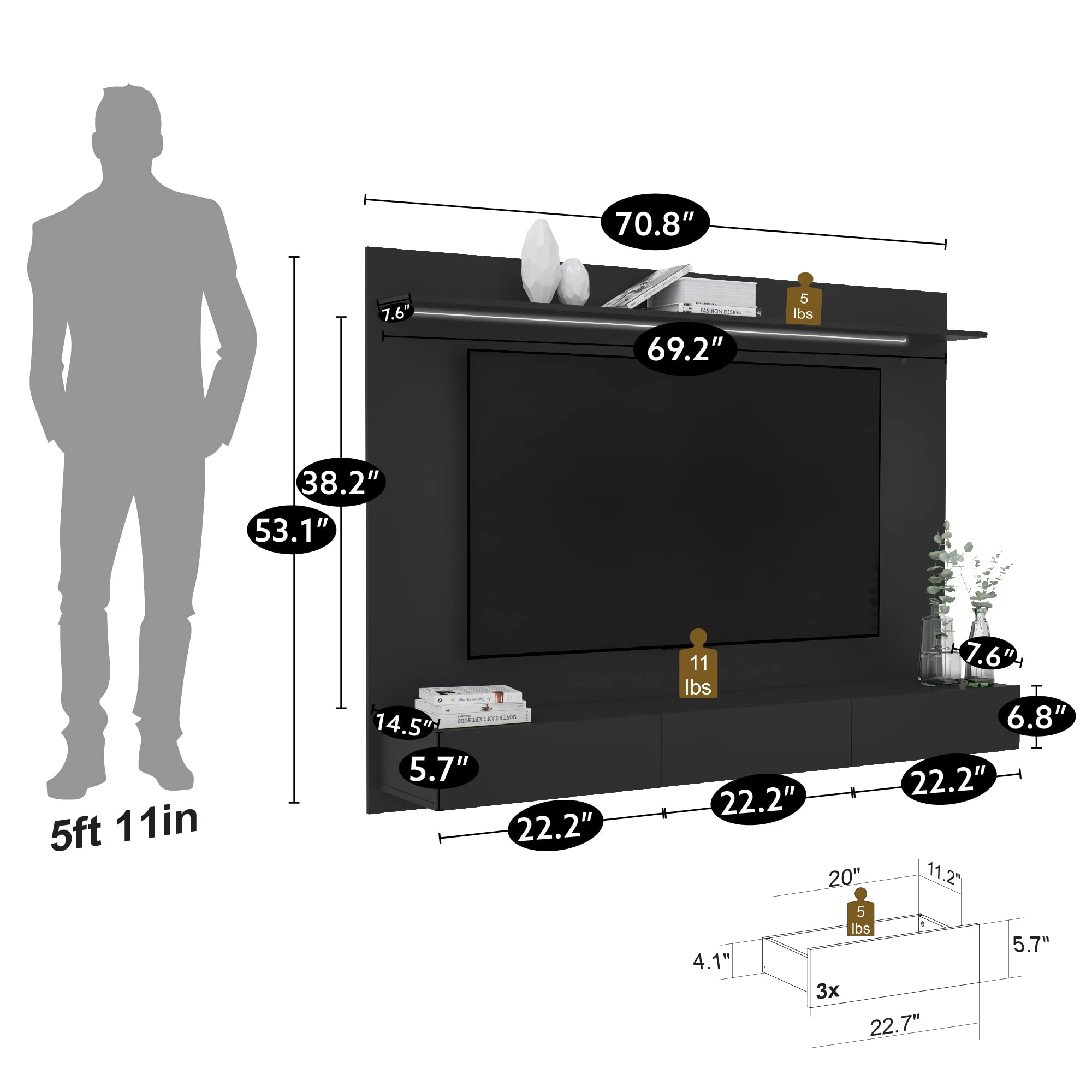 Naomi Home Bliss Modern Freestanding Wall Mounted Entertainment Center Floating TV Wall Panel for 70 inch TVs, Home Theater with LED Strip, Pull-Out Drawers and Overhead Shelf – Black, Solid Pine Wood