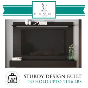 Naomi Home Bliss Modern Freestanding Wall Mounted Entertainment Center Floating TV Wall Panel for 70 inch TVs, Home Theater with LED Strip, Pull-Out Drawers and Overhead Shelf – Black, Solid Pine Wood