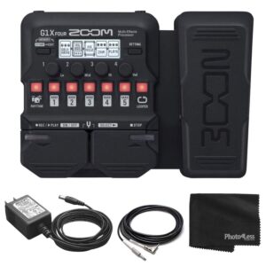 zoom g1x four guitar effects processor with built-in expression pedal + zoom ad-16 9v ac adapter + guitar instrument cable w right angle plug + photo4less cleaning cloth - deluxe bundle