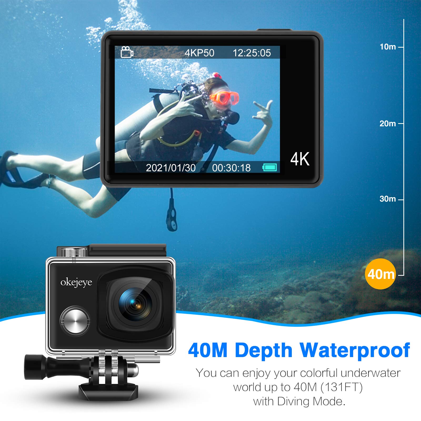 okejeye 4K Action Camera OK800 Native 50fps/24MP Touch Screen 40M Waterproof Camera Underwater Camera WiFi Sport Camera EIS Web Camcorder with Remote Control and 32GB Micro SD Card