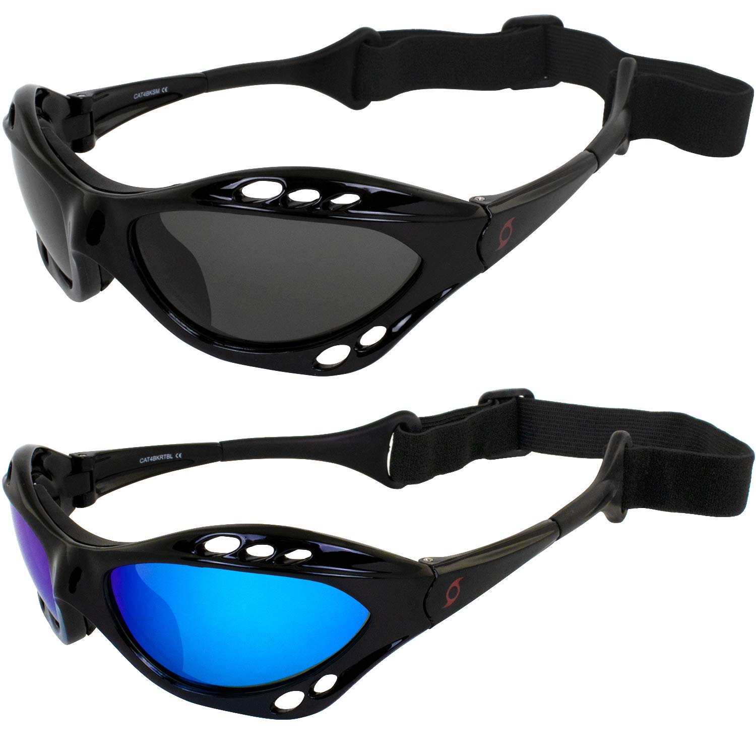 Hurricane Eyewear Category 4 Polarized Jet Ski Floating Goggles 2 Pairs Black Padded Frames Smoke & Blue Mirror Lenses