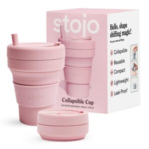 stojo titan collapsible travel cup with straw - carnation pink, 24oz / 710ml - reusable to-go pocket size silicone cup for hot & cold drinks - camping and hiking - microwave & dishwasher safe