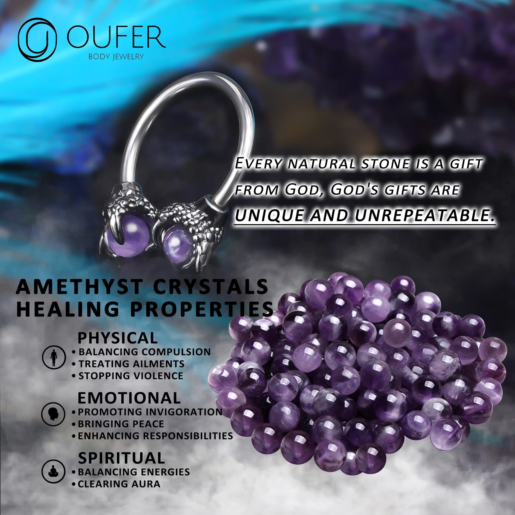 OUFER 316L Surgical Steel Circular Earrings Two Amethyst Opals Surrounded by Dragon Claws Cartilage Earring Ear Body Piercing Jewelry Helix Earrings Piercing…