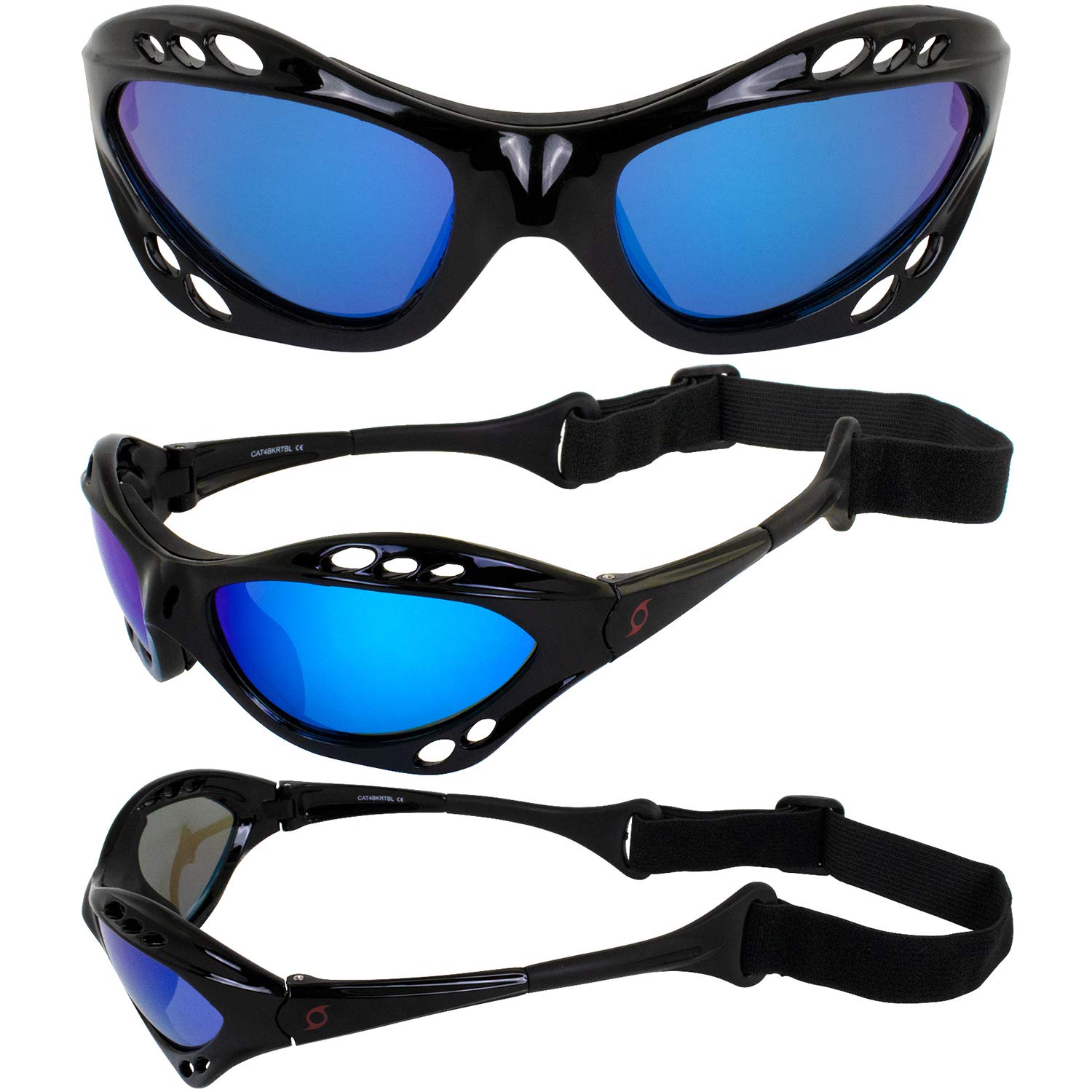 Hurricane Eyewear Category 4 Polarized Jet Ski Floating Goggles 2 Pairs Black Padded Frames Smoke & Blue Mirror Lenses