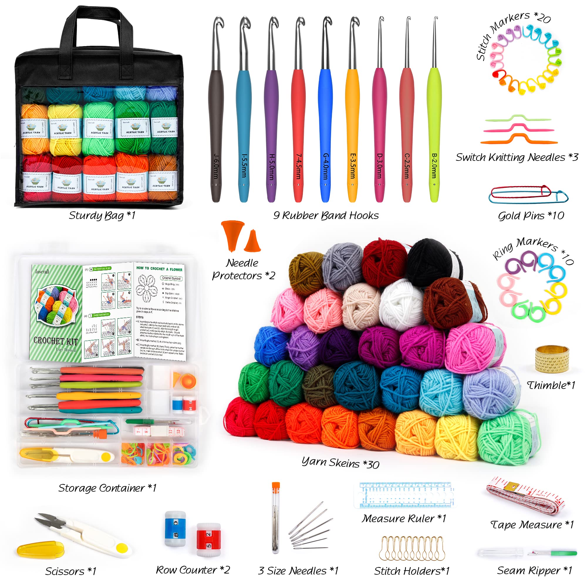 103 PCS Crochet Kit with Crochet Hooks Yarn Set, Premium Bundle Includes 1650 Yards Acrylic Yarn Skeins Balls, Needles, Accessories, Bag, Ideal Starter Pack for Kids Adults Beginner Professionals